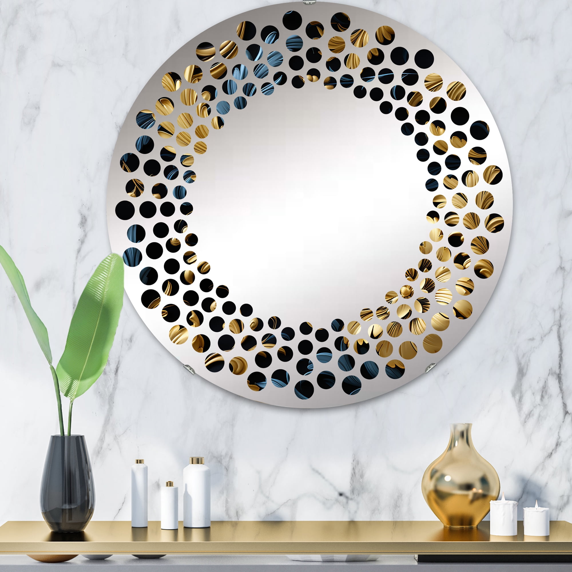 Designart "Royal Blue Gold Damask Dream" Damask Polka Dot Round Wall ...