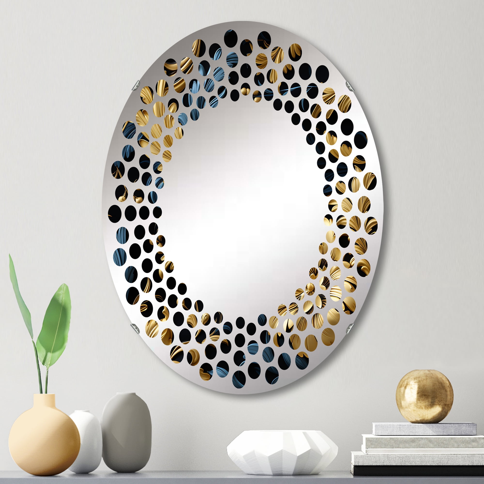 Designart "Royal Blue Gold Damask Dream" Damask Polka Dot Round Wall ...