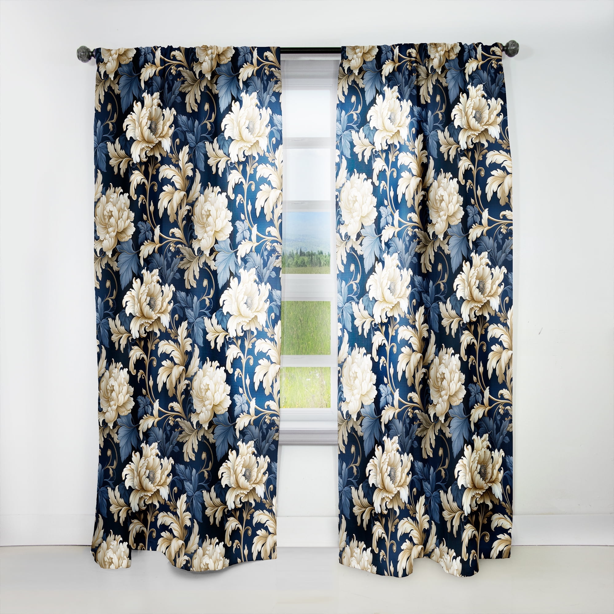 Designart "Royal Blue Peony Damask" Peonies Traditional Curtain, Floral ...