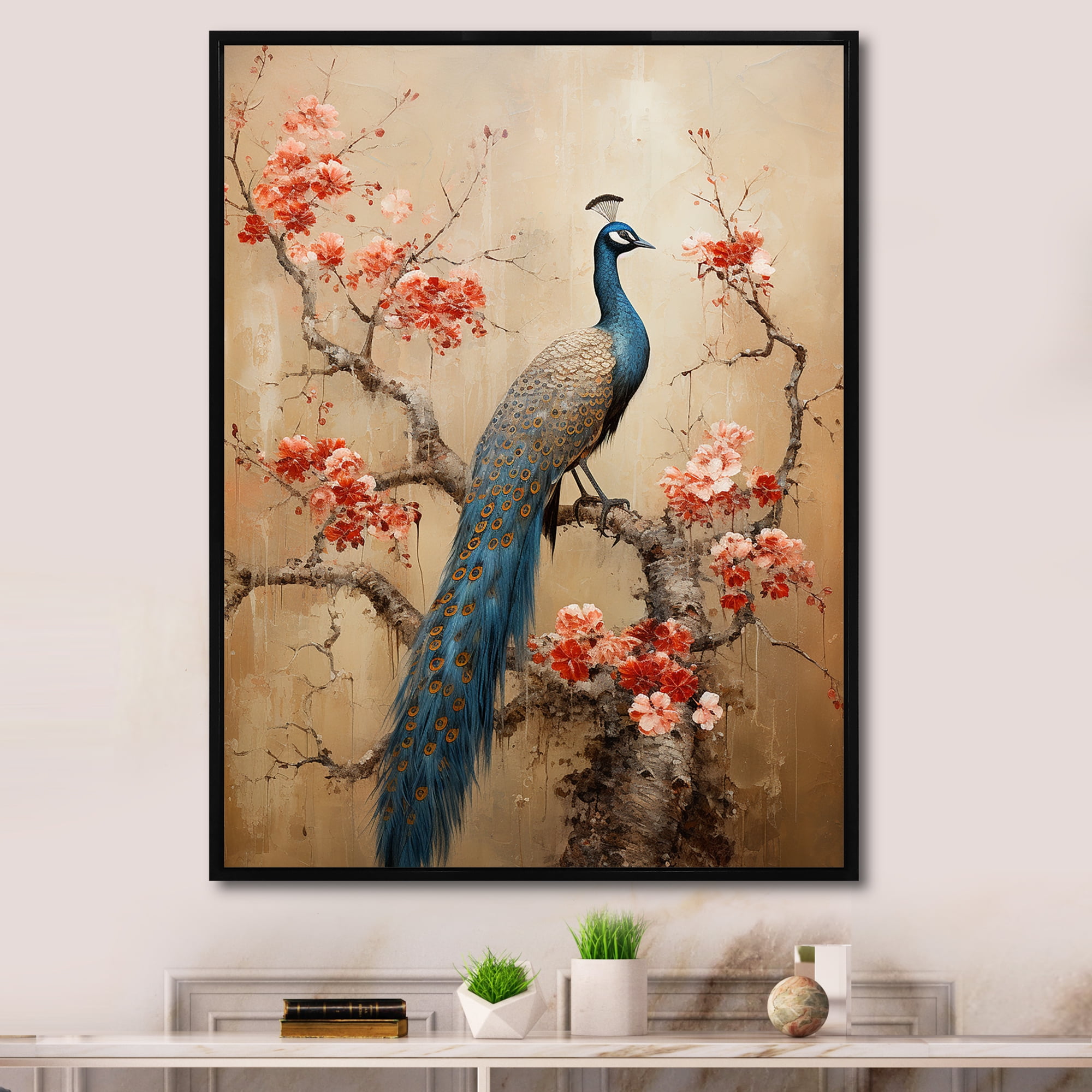 Designart "Royal Peacock with Japanese Floral Design in Blue I" Animals ...