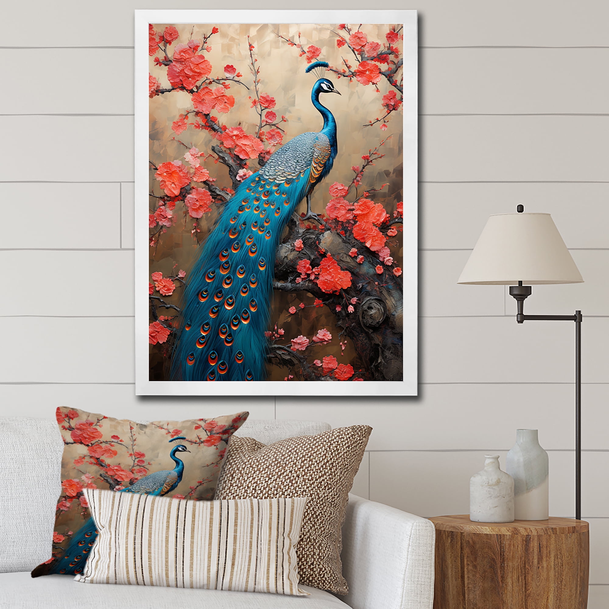 Designart "Royal Peacock with Japanese Floral Design in Blue II ...