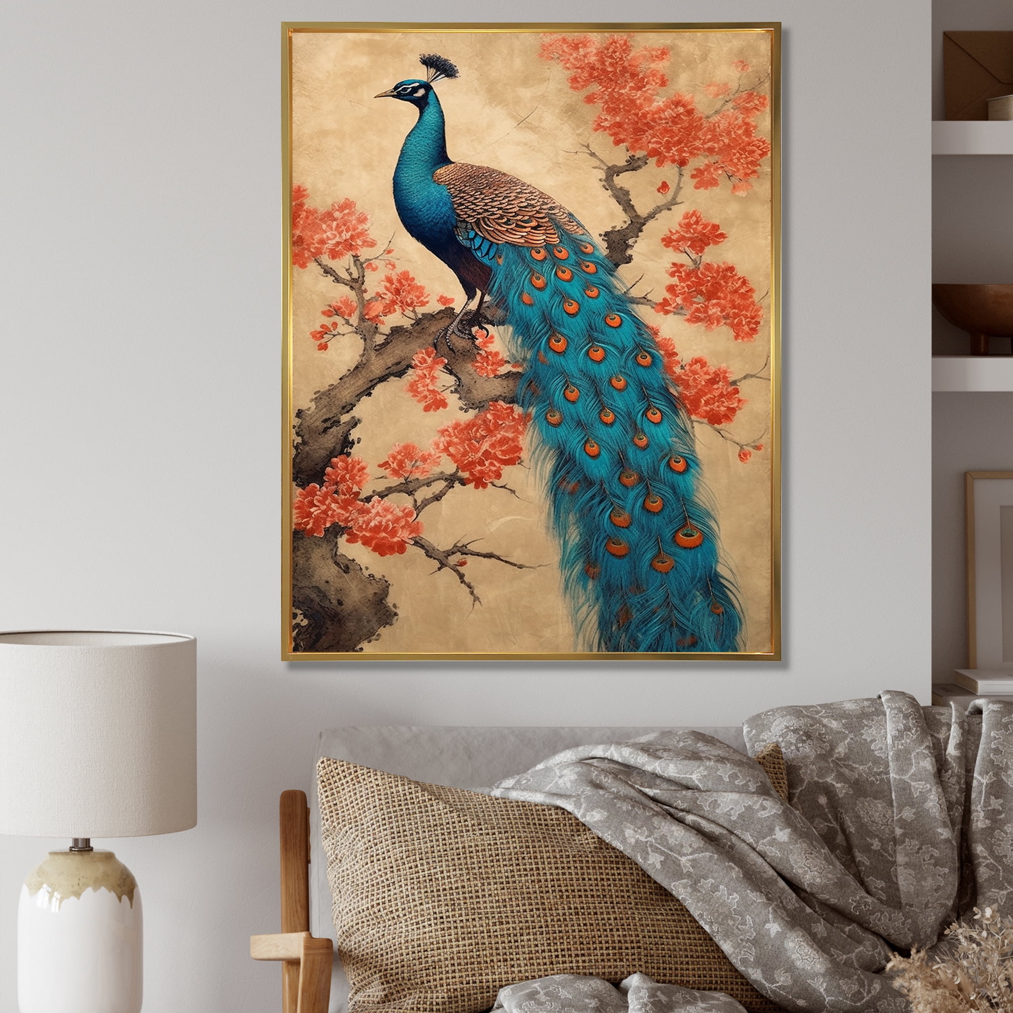 Designart "Royal Peacock with Japanese Floral Design in Green I ...