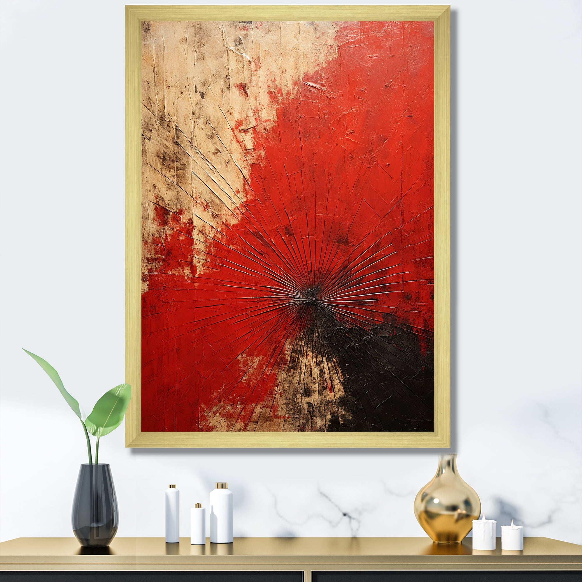 Designart "Ruby Rays In Red" Abstract Shapes Picture Framed Canvas Wall ...