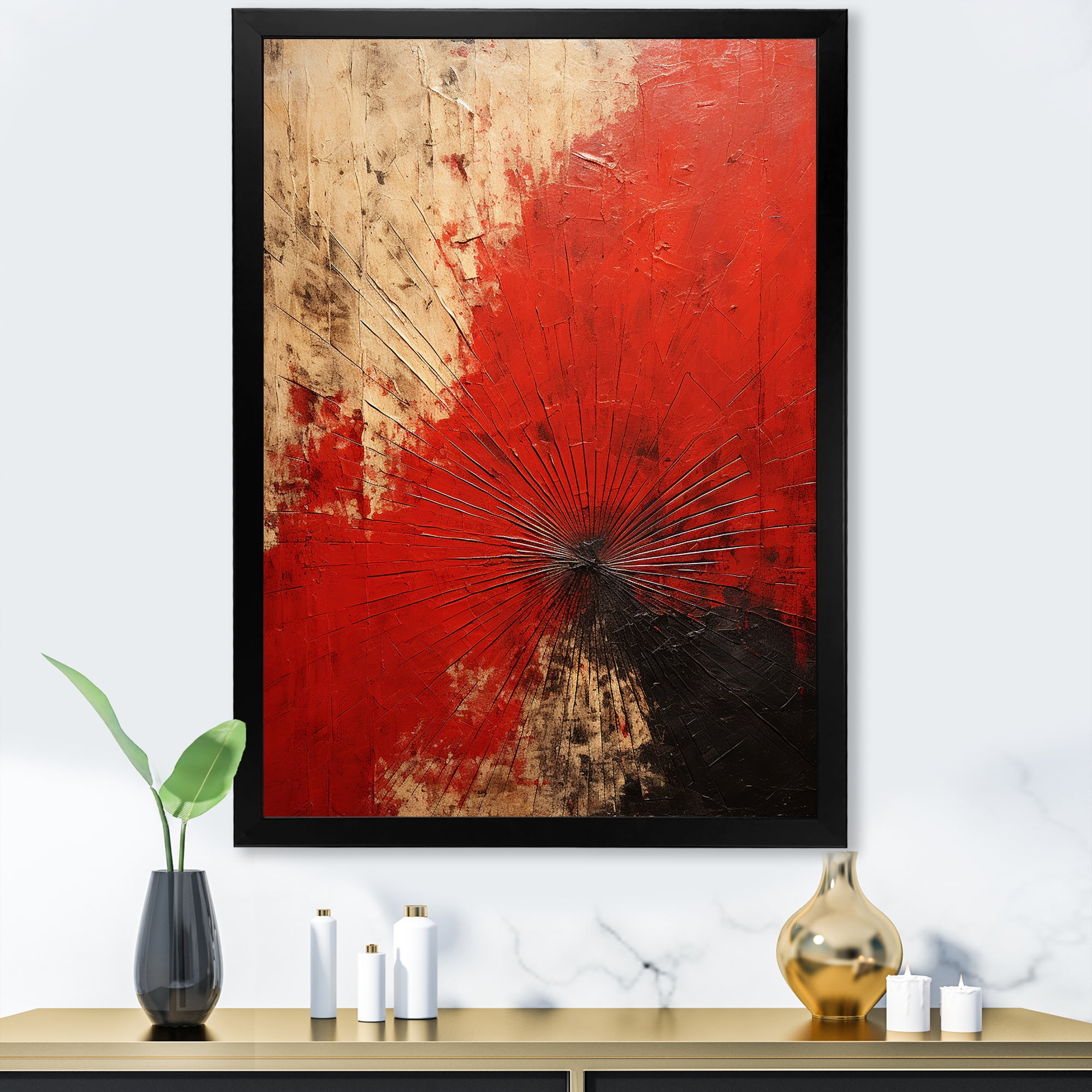 Designart "Ruby Rays In Red" Abstract Shapes Picture Framed Canvas Wall ...