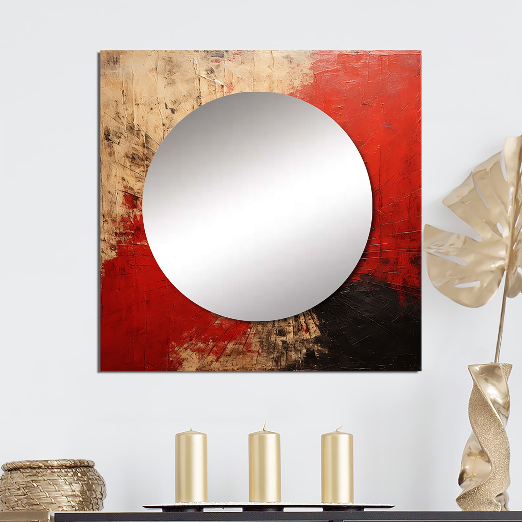 Designart "Ruby Rays In Red" Abstract Shapes Square Mirror Wall Decor ...