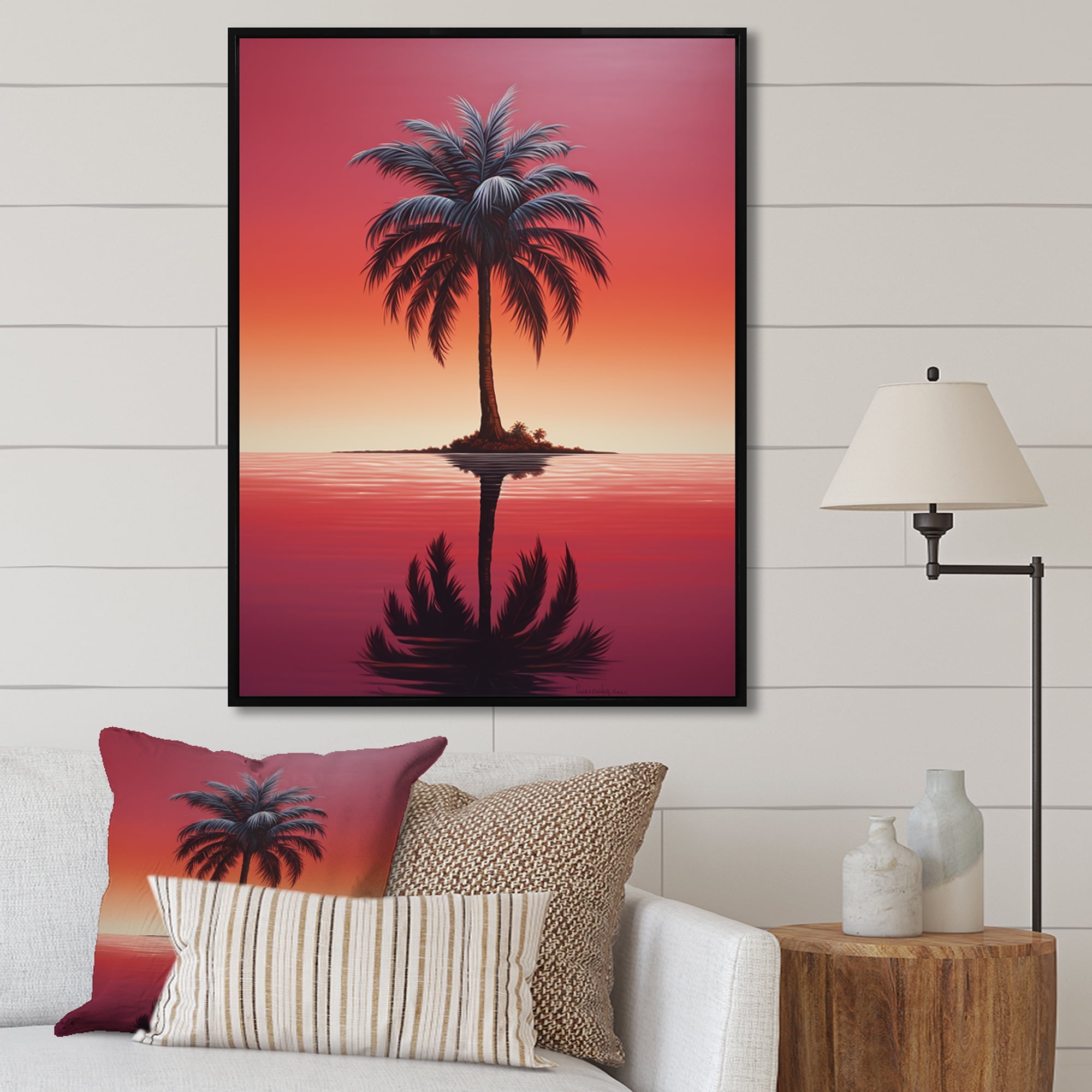 Designart "Ruby Reflections Of A Solitary Palm Tree" Palms & Palm Trees ...