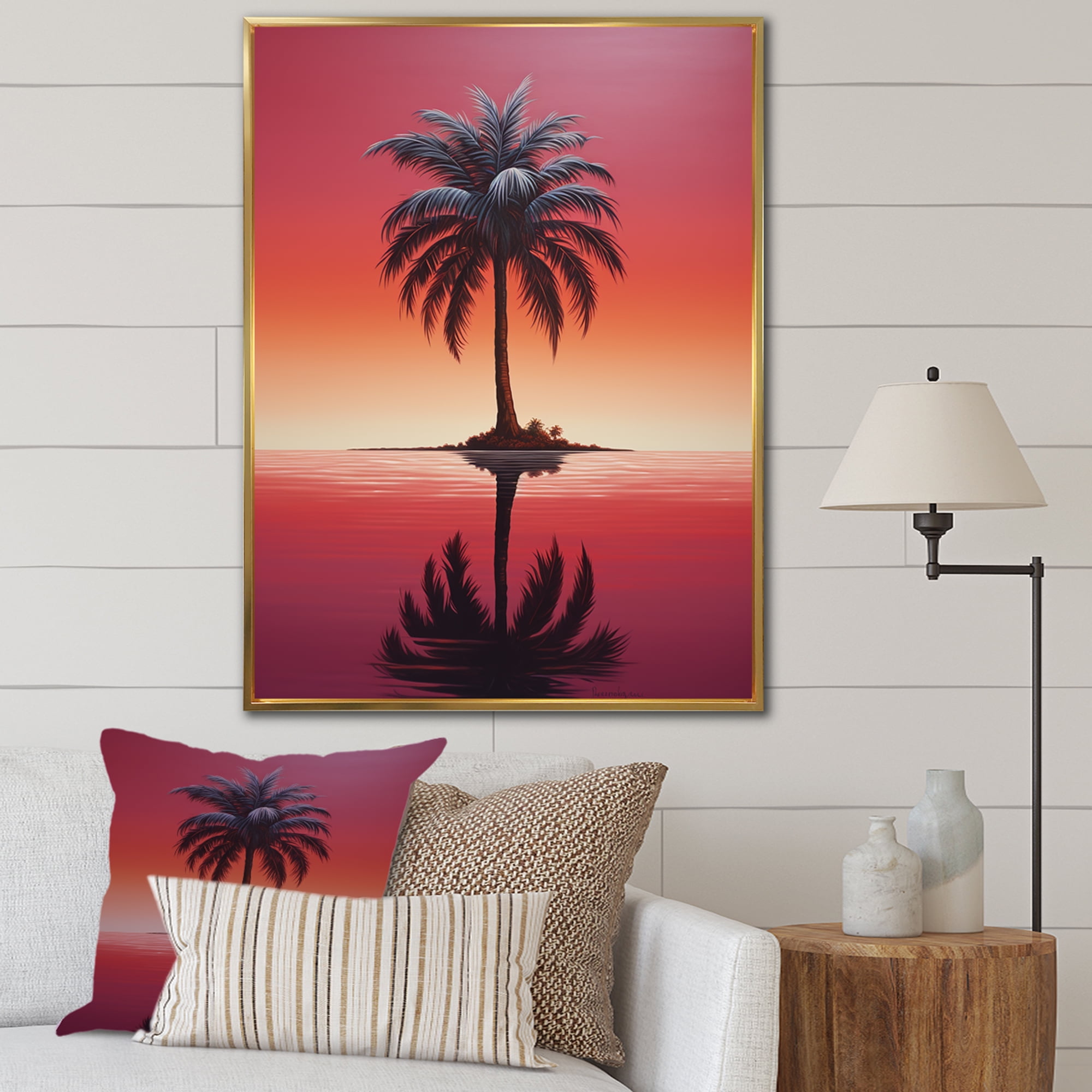 Designart "Ruby Reflections Of A Solitary Palm Tree" Palms & Palm Trees ...
