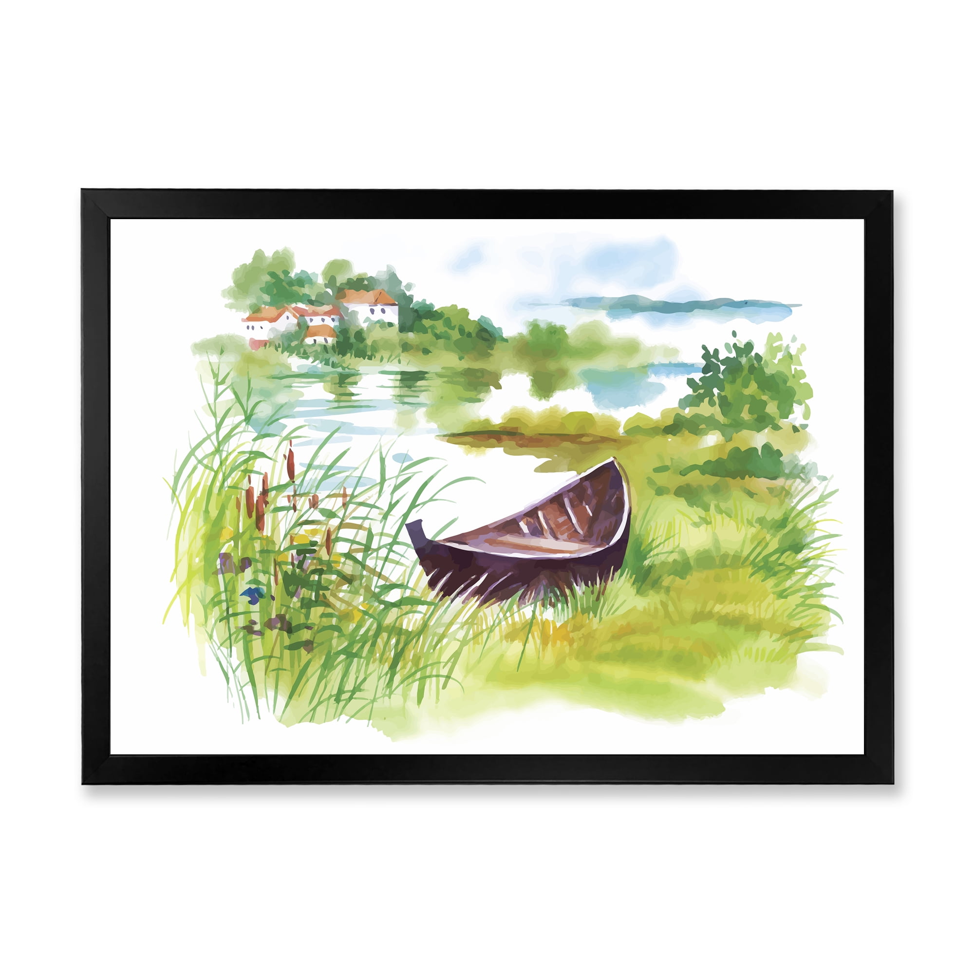 Designart 'Rural Green Landscape With Boat In Lake' Lake House Framed ...
