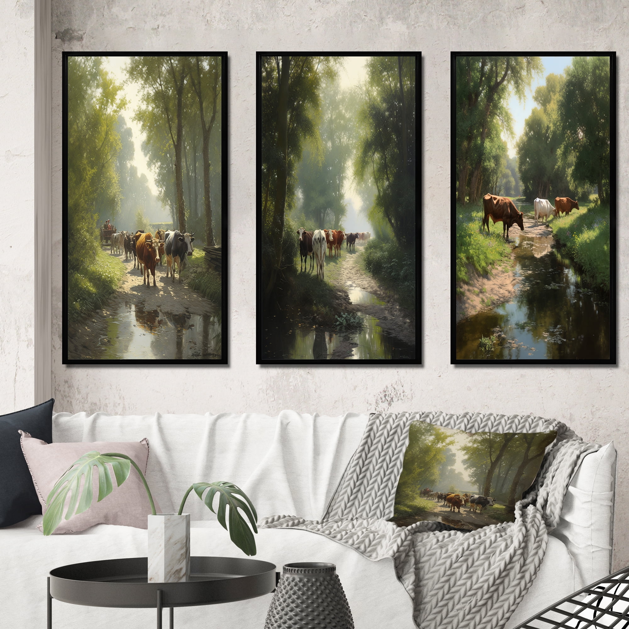 Designart "Rural Scene Cattle Walking Near a Pond II" Animals Cow ...