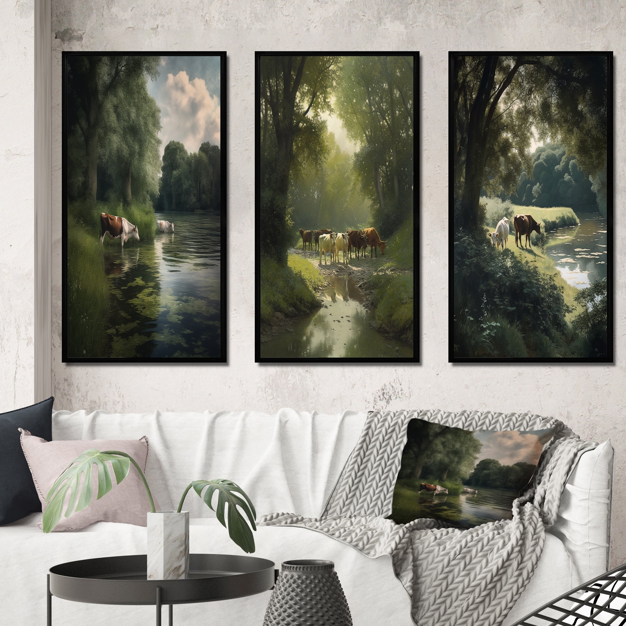 Designart "Rural Scene Cows Walking Near a Lake I" Animals Cow Framed ...