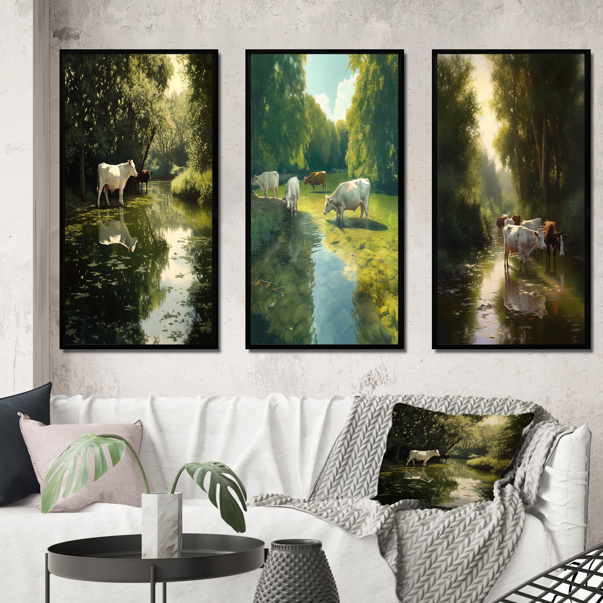 Designart "Rural Scene Cows by a Lake IV" Animals Cow Framed Wall Art ...