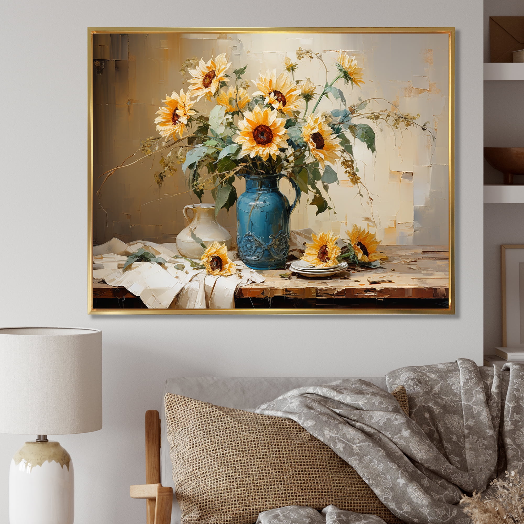 Designart "Rustic Blue Sunflower Display I" Sunflowers Floater Framed ...