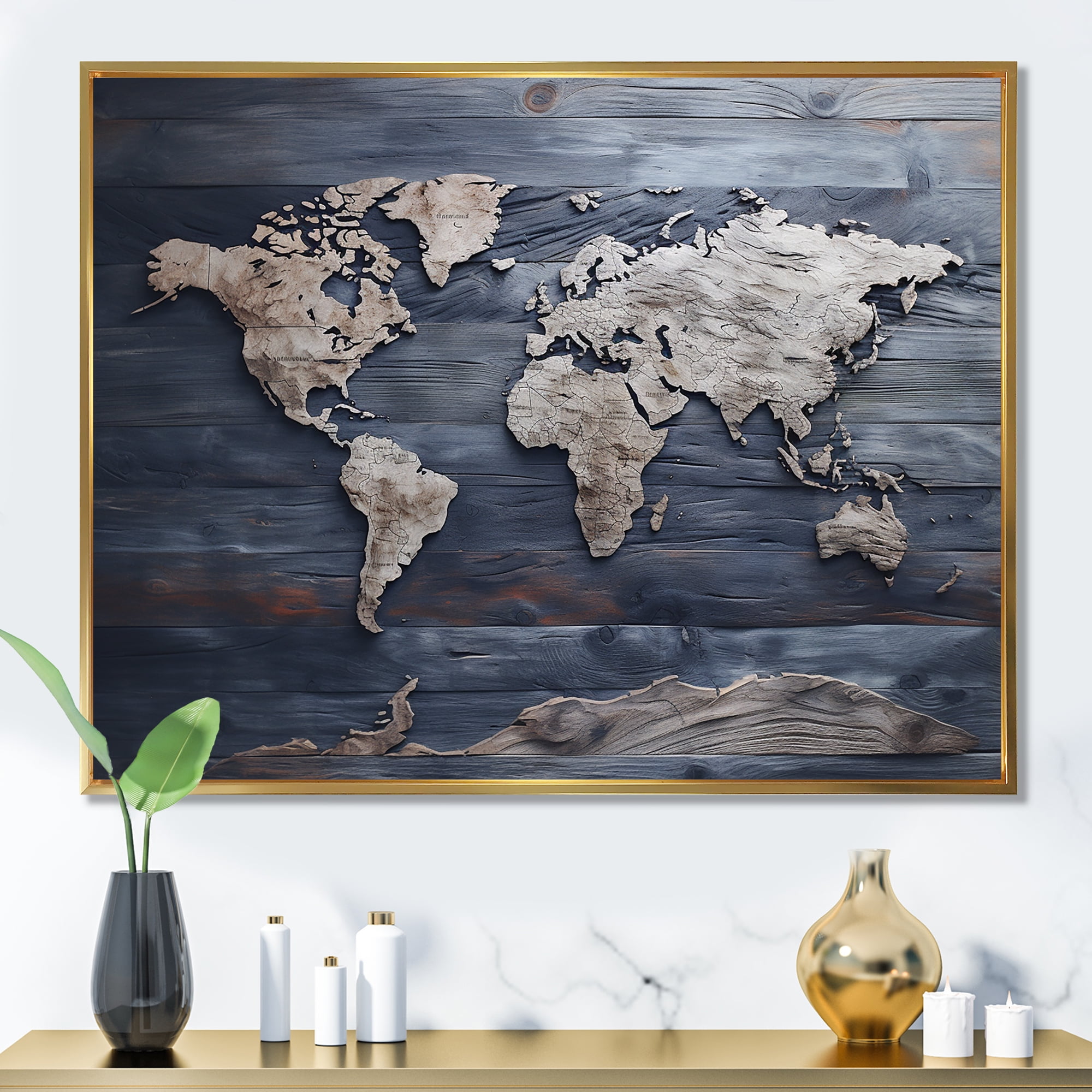 Designart "Rustic Pathways On The World Map I" World Map Floater Framed ...