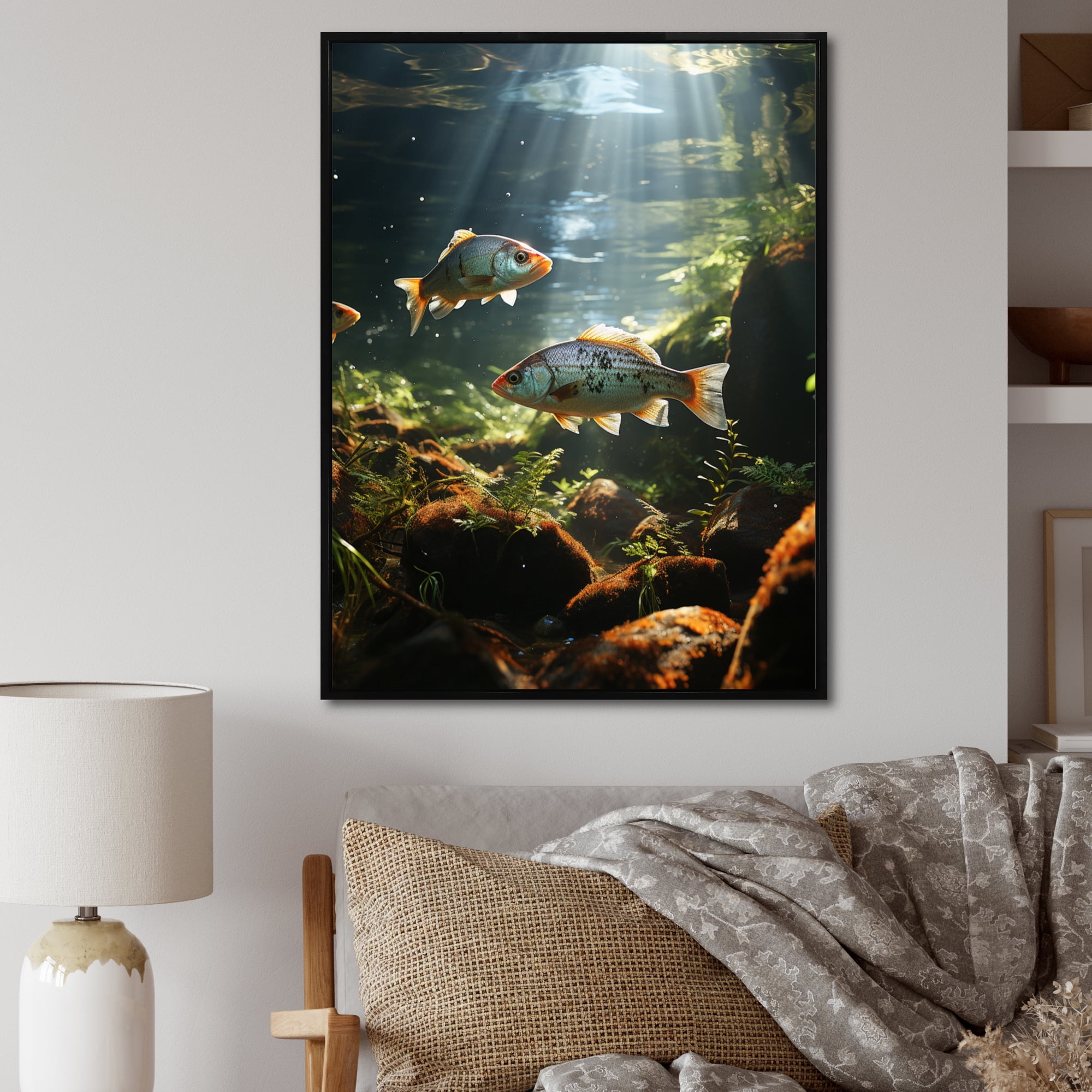 Designart "Rustic River Fishing I" Animals Floater Framed Wall Art ...