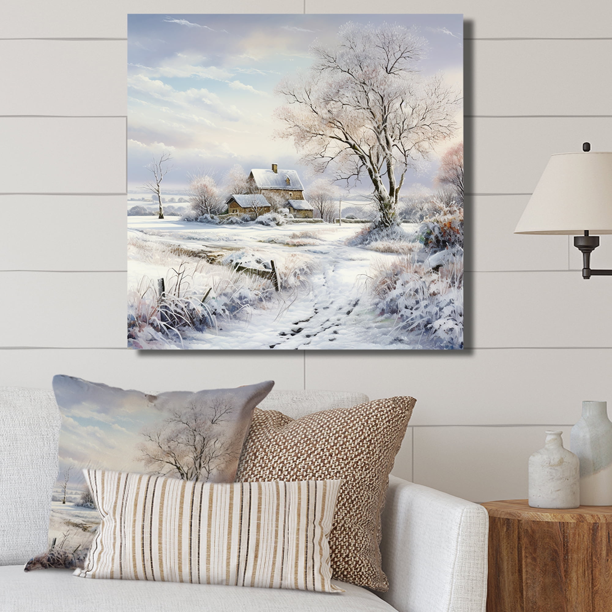Designart "Rustic Winter Farmhouse Charm" Snow Canvas Wall Art ...