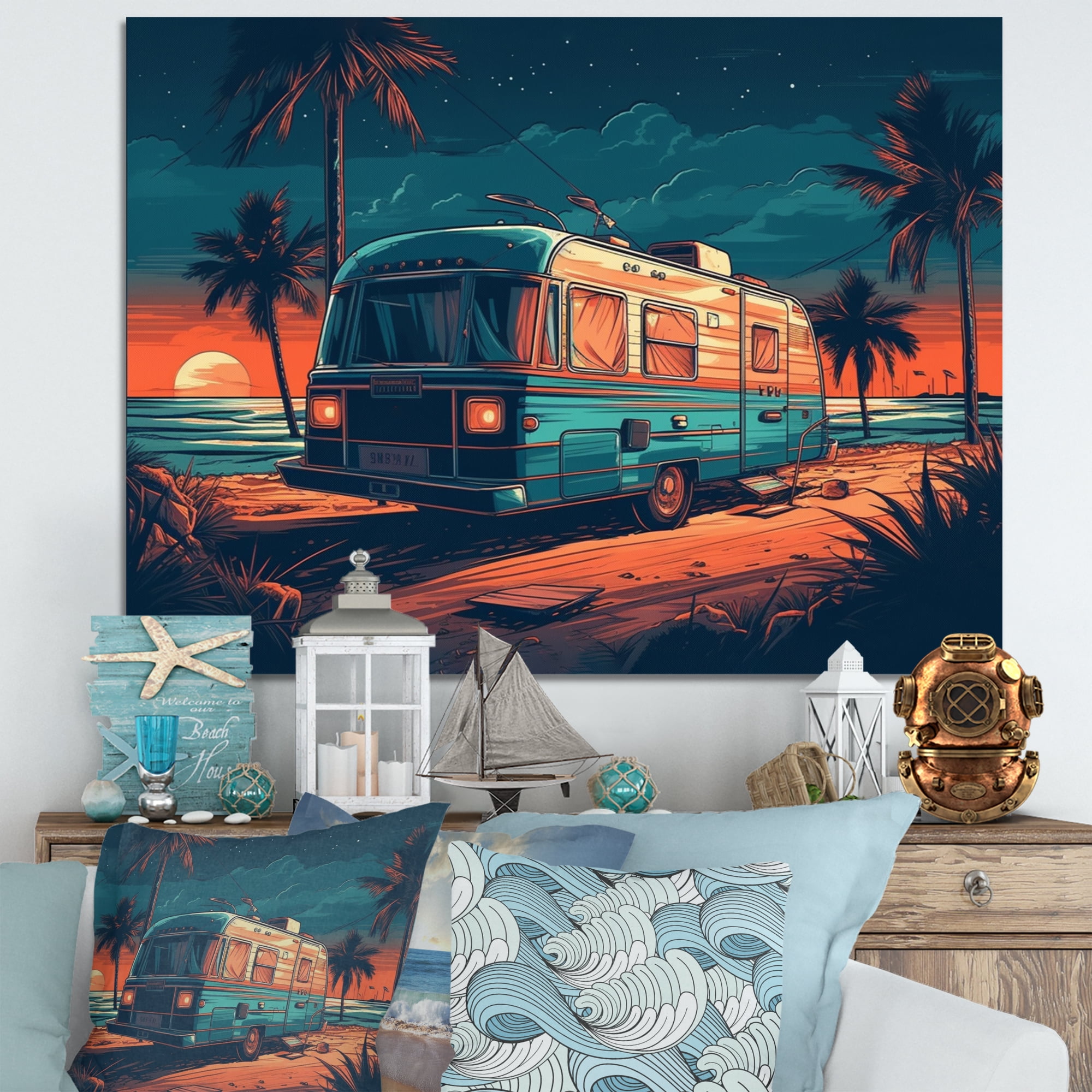Designart "Rv Parked On The Beach" Modern Landscape Beach Wall Art For ...
