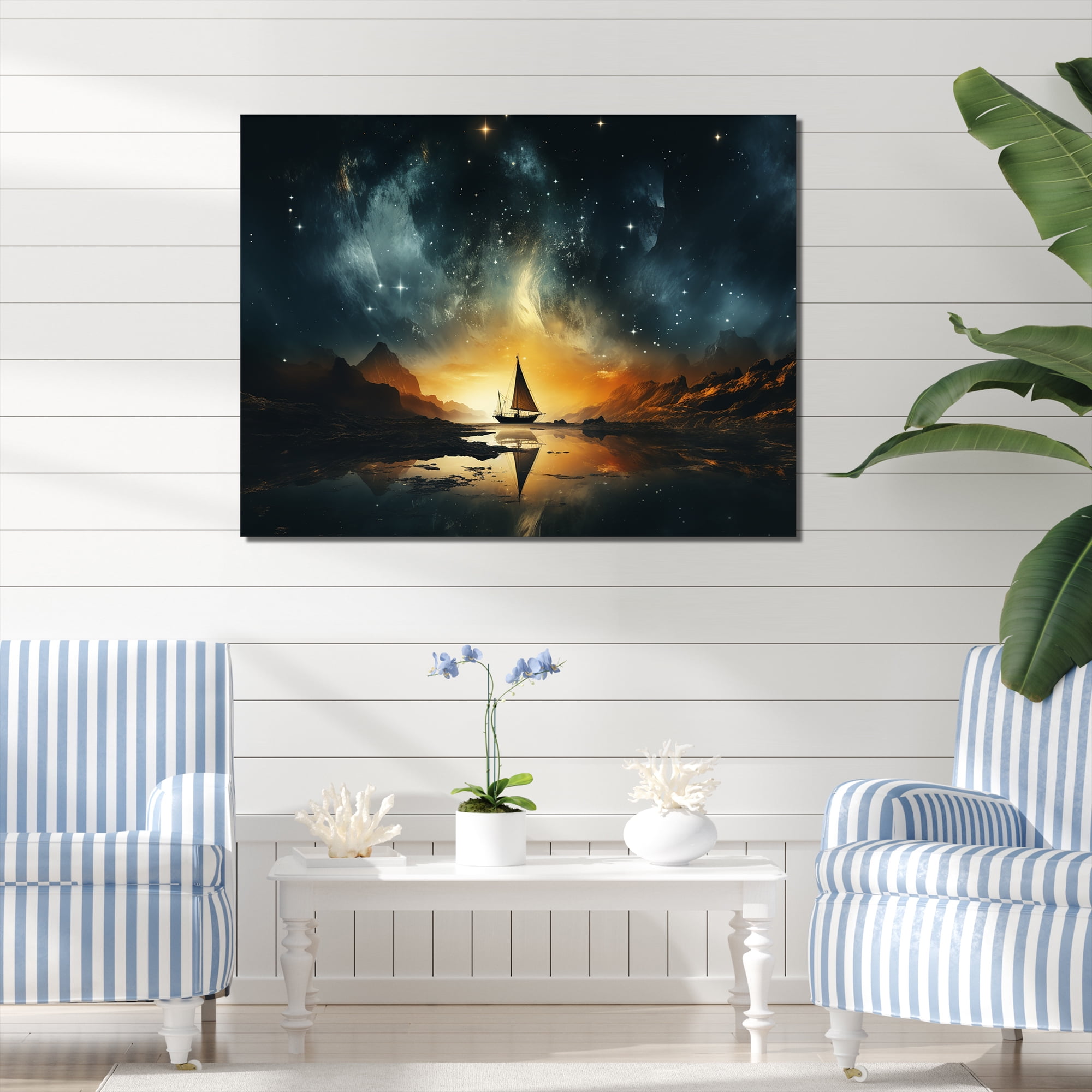 Designart "Sailboat Silhouette under Moonlit Sunset" Oversized Coastal ...