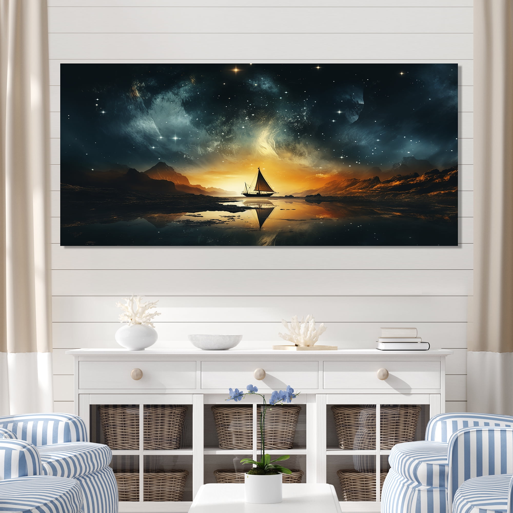 Designart "Sailboat Silhouette under Moonlit Sunset" Oversized Coastal ...