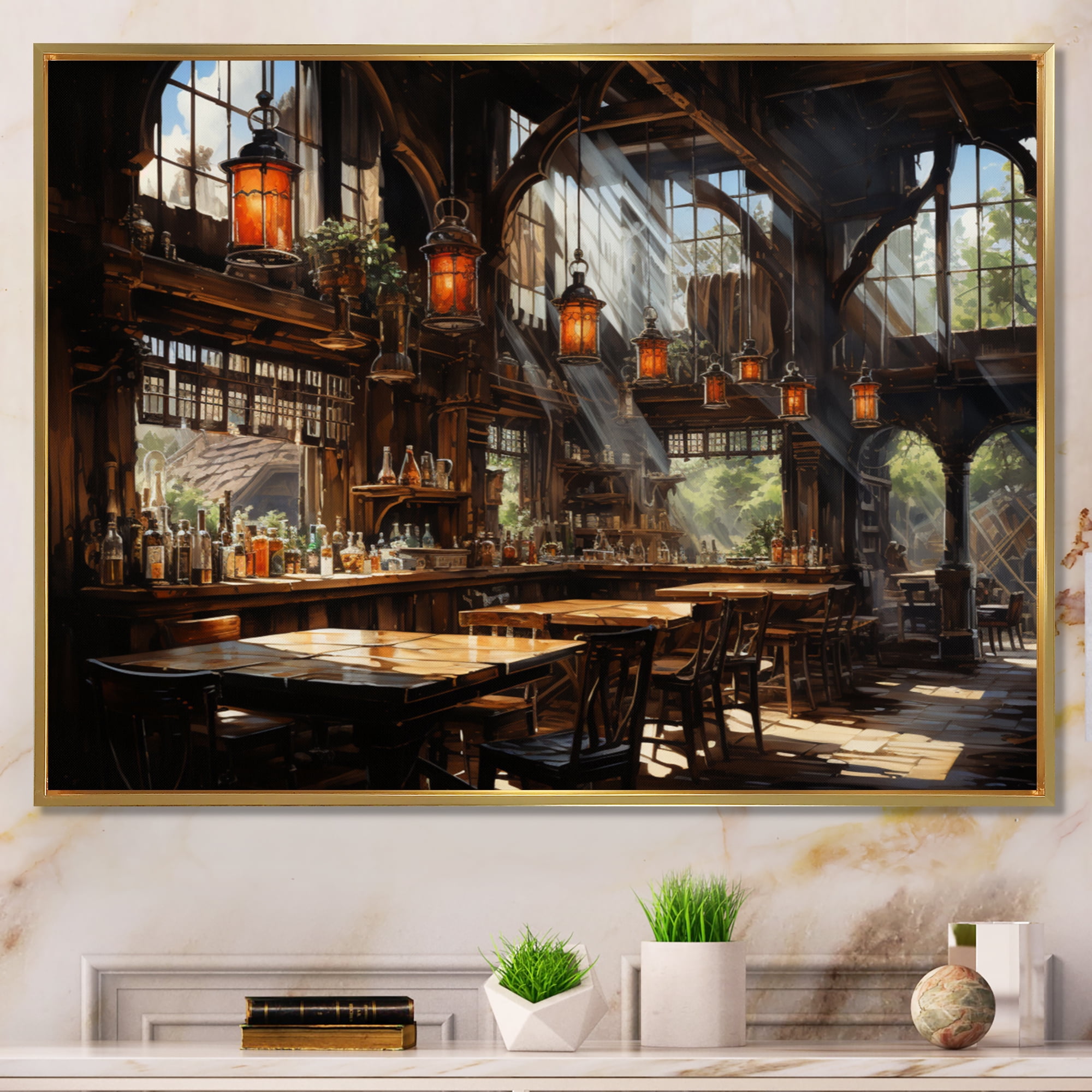 Designart "Saloon in the Western Cowboy Town" Cowboys Floater Framed ...