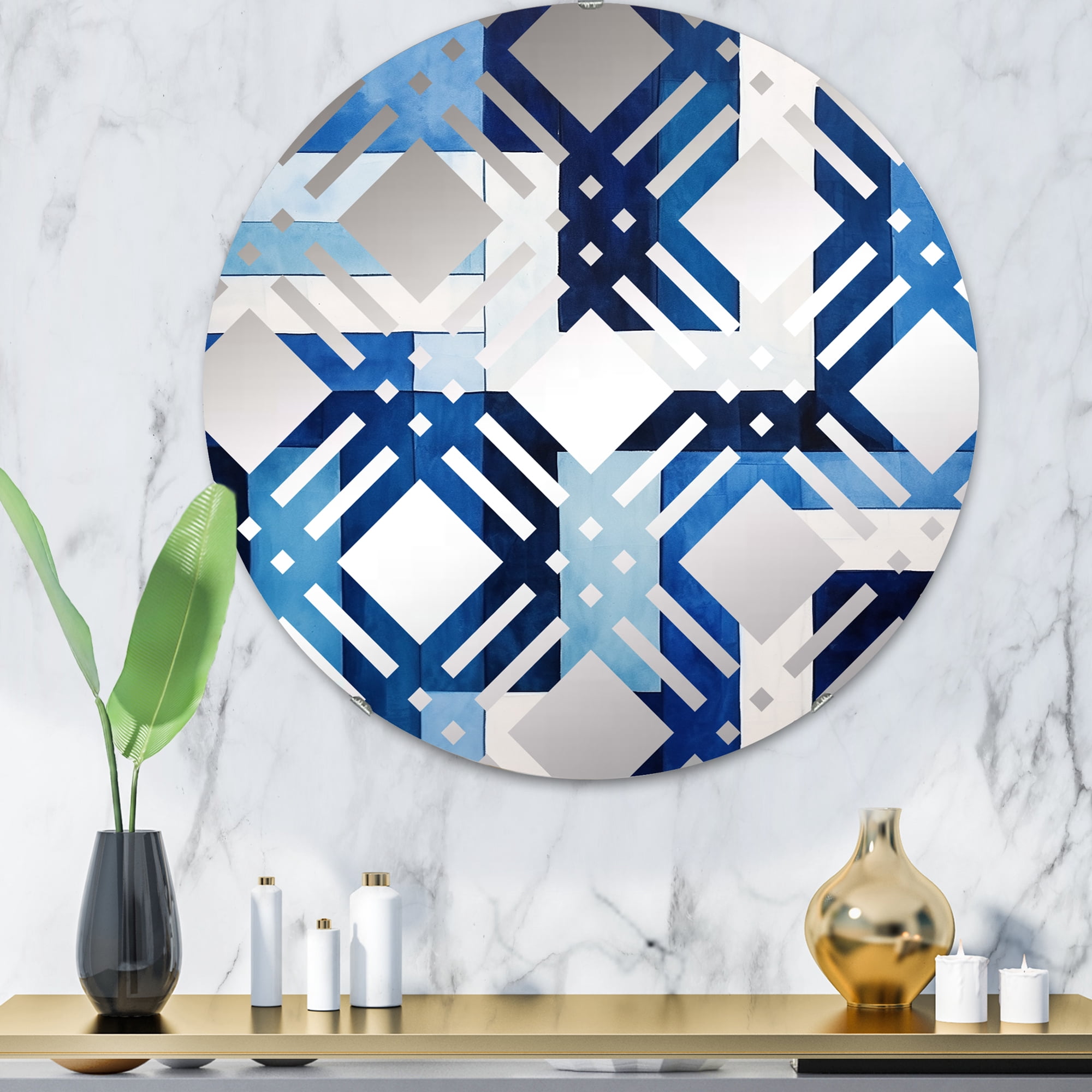 Designart "Sapphire Symmetry in Blue and White" Abstract Shapes Plaid ...