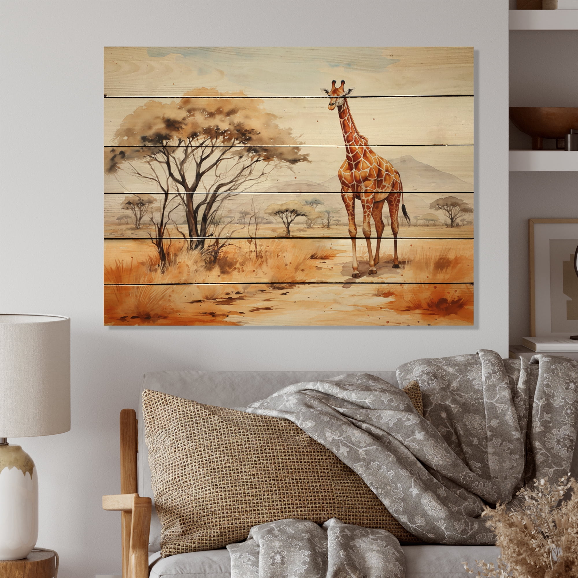 Designart "Savannah Stroll Beige Giraffe in Africa" African Print on ...