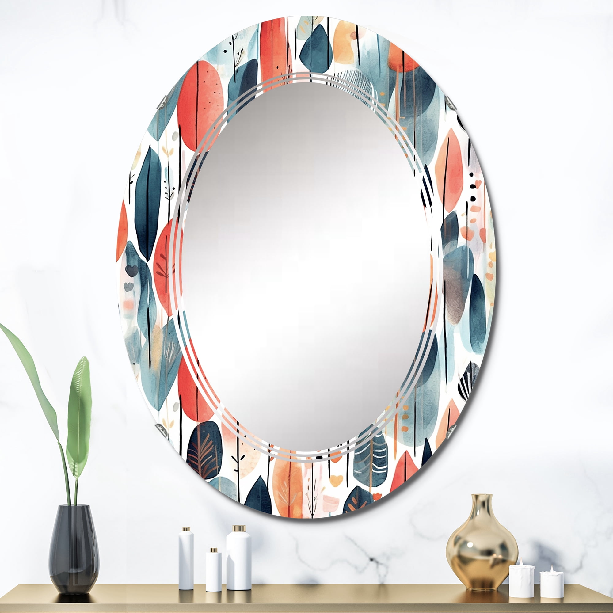 Designart "Scandinavian Flowers in Coral and Teal III" Abstract Round ...