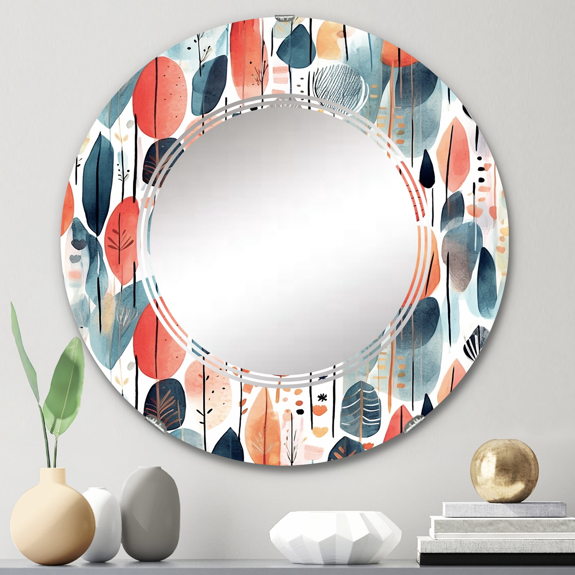 Designart "Scandinavian Flowers in Coral and Teal III" Abstract Round ...
