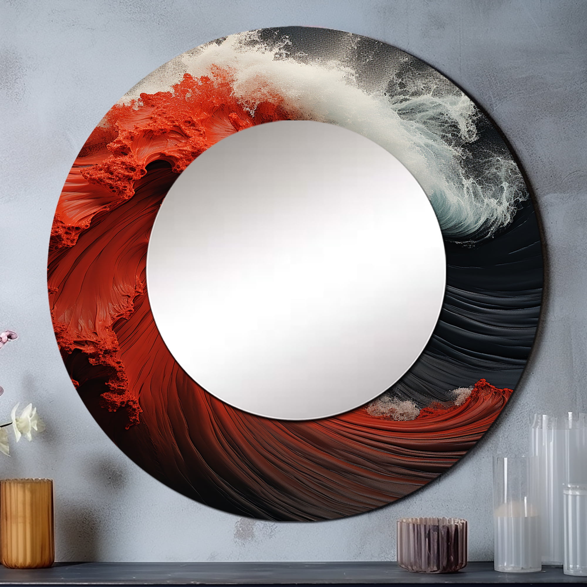 Designart "Scarlet And Ivory Wave Vivid Amazement" Beach Rund Mirror ...