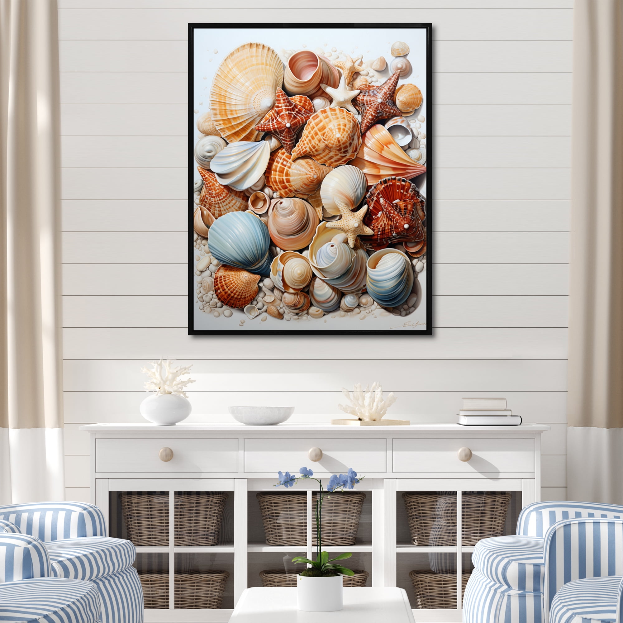 Designart "Seashell Beauty Beach Photo III" Animals Floater Framed Wall ...