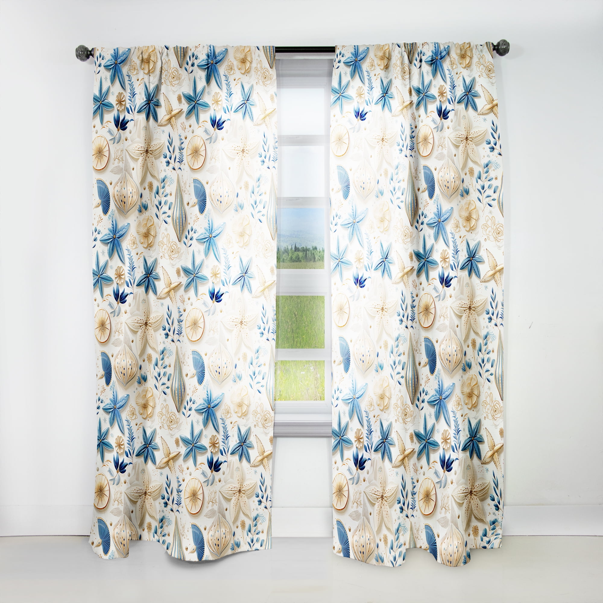 Designart "Seashell Coastal Serenity II" Floral Room Darkening Curtain ...
