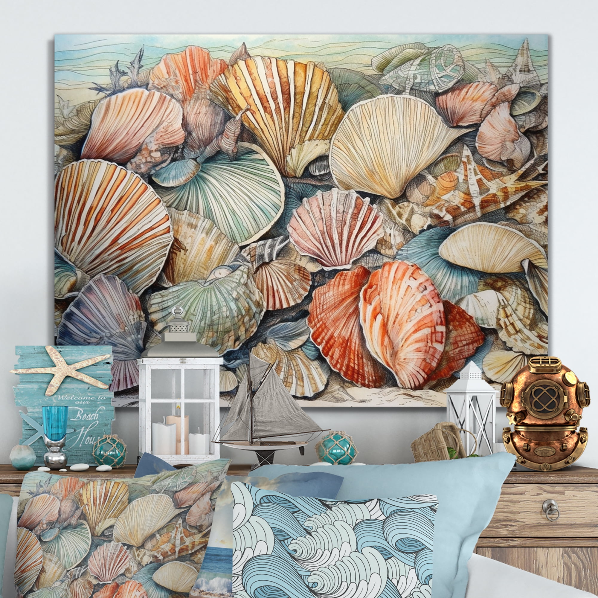 Designart "Seashells by the Seaside IV" Modern Landscape Beach Metal ...