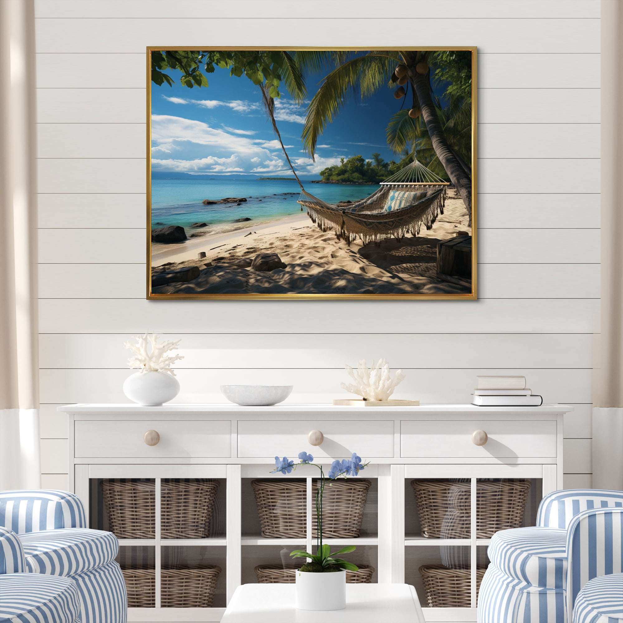 Designart "Seashore Island Getaway" Nautical & Beach Floater Framed ...