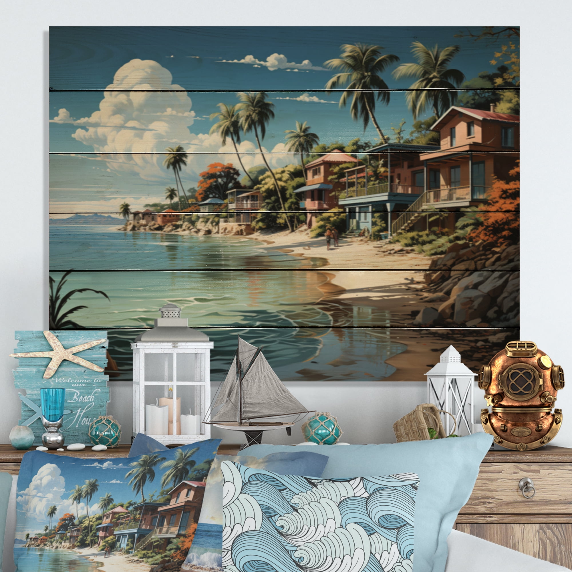 Designart "Seashore Island Rhythms" Beach Print on Natural Pine Wood ...