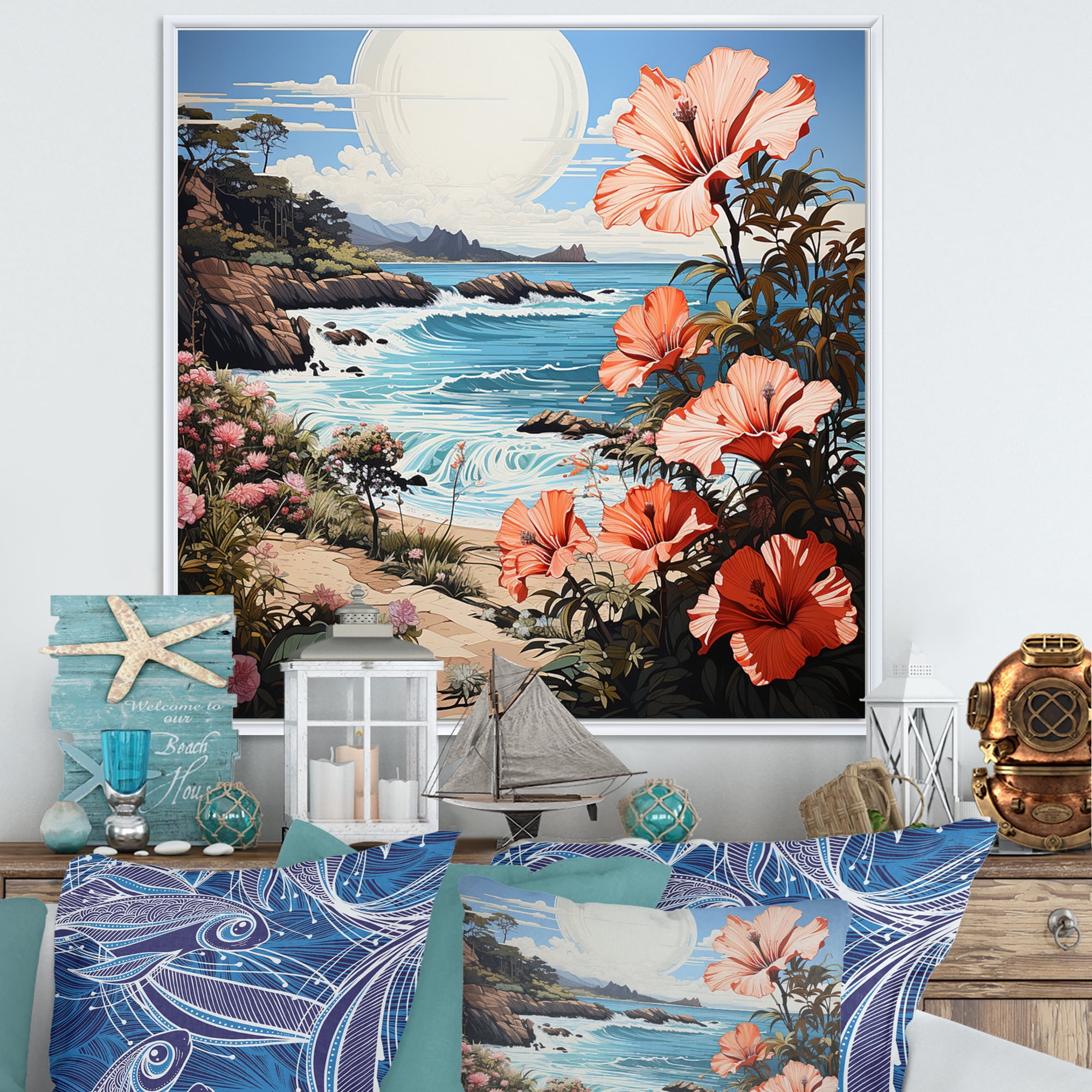 Designart "Seashore Papercut Coastal Sunlit painting II" Nautical ...