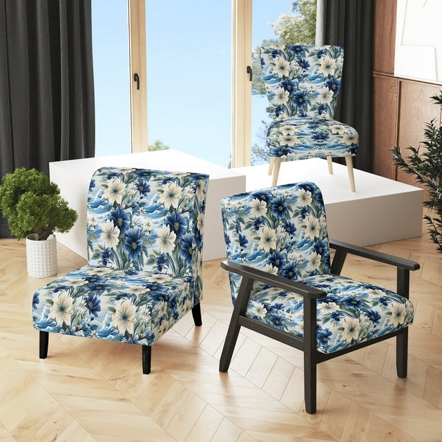 Designart "Seaside Floral Bliss I" Blue Floral Upholstered Accent Chair ...