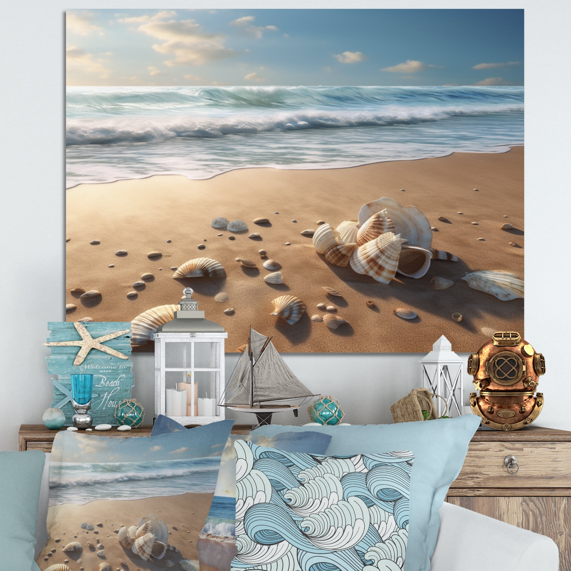 Designart "Seaside Seashell Treasures I" Modern Landscape Beach Wall ...