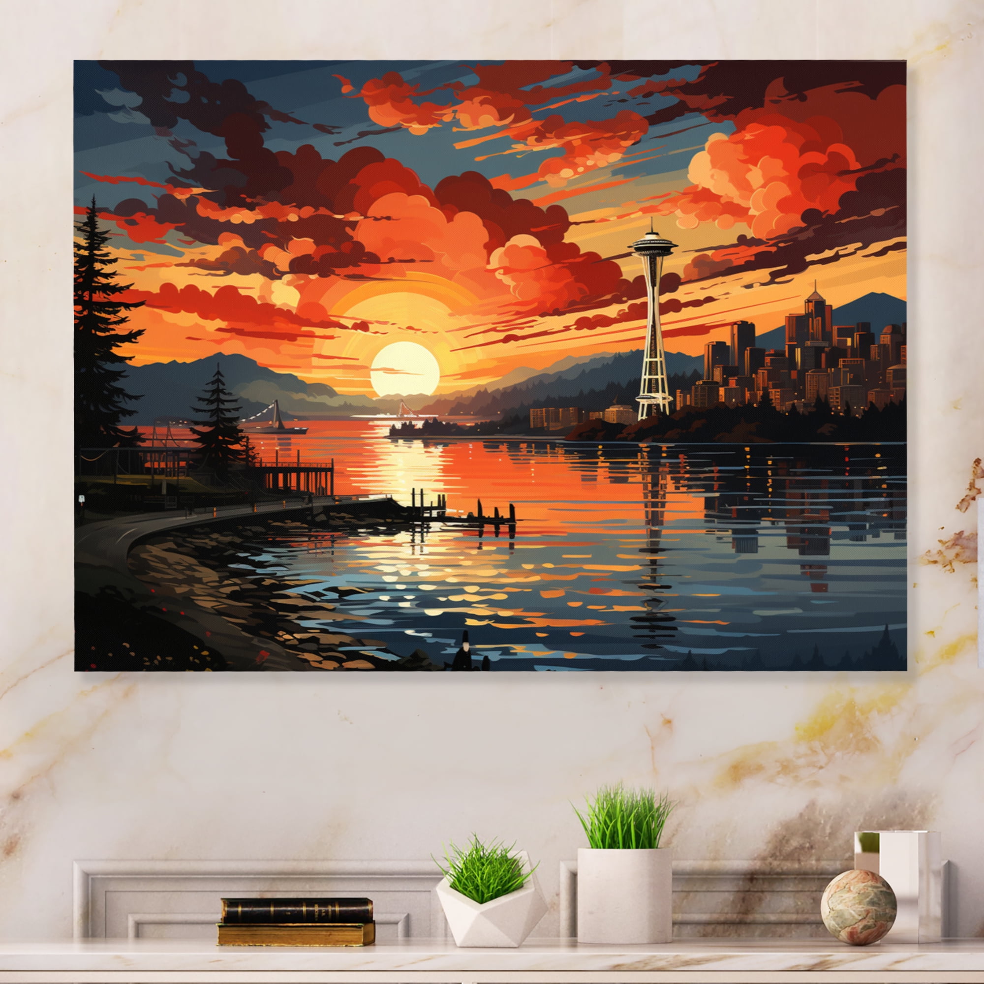 Designart "Seattle Popart City in Orange and Yellow" Seattle Metal Art ...