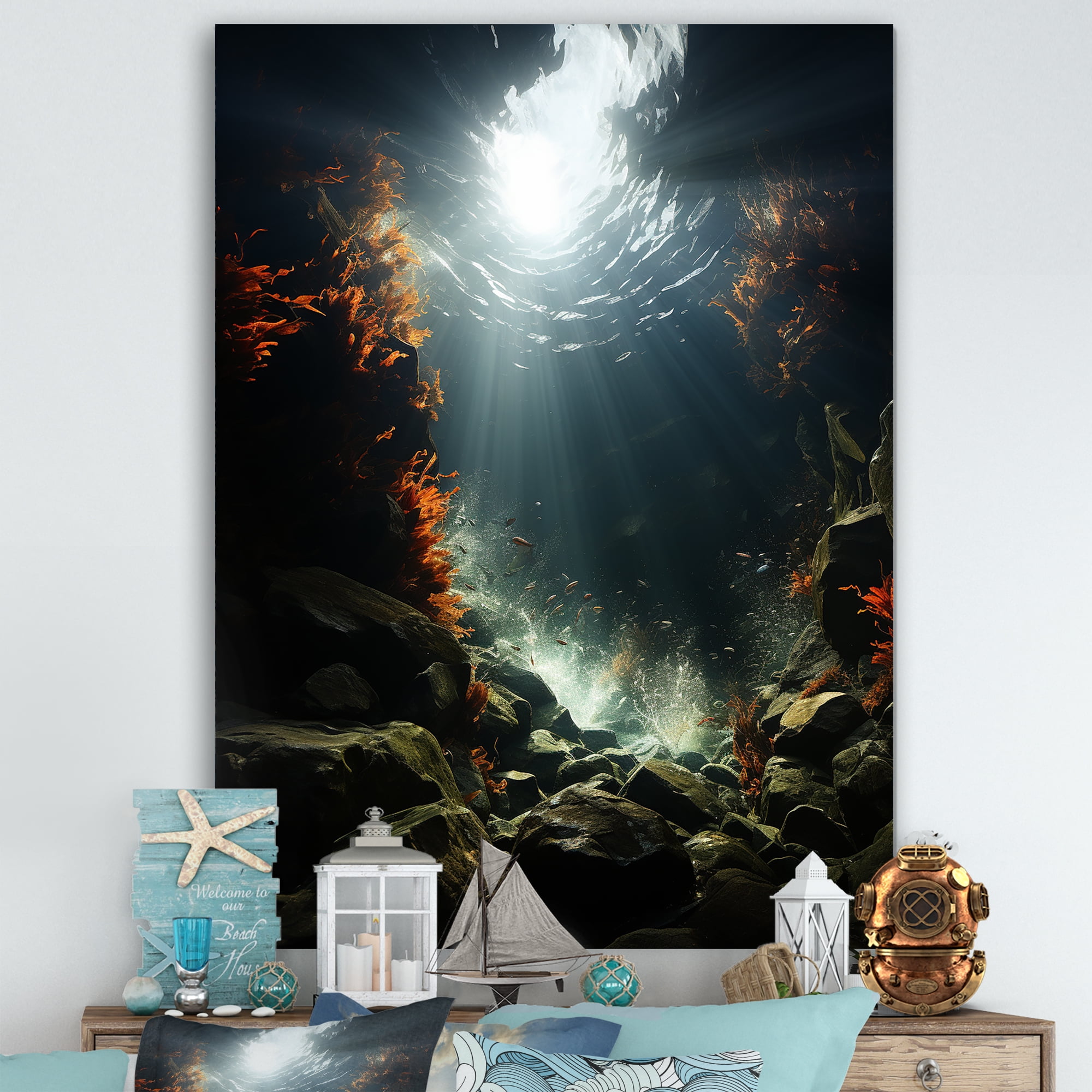 Designart "Serenade Of Aqua Underwater Corals II" Coastal Coral Under ...