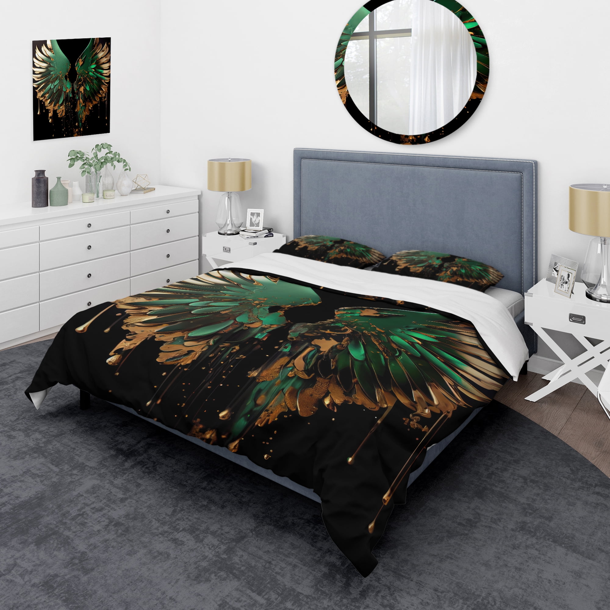Designart "Serene Angel Wings in Green and Gold II" Contemporary Glam ...