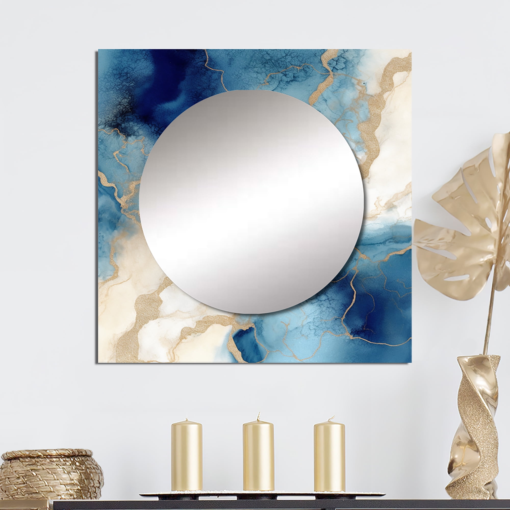 Designart "Serene Blue and Gold Marble Clouds XI" Fractals Blue Large ...