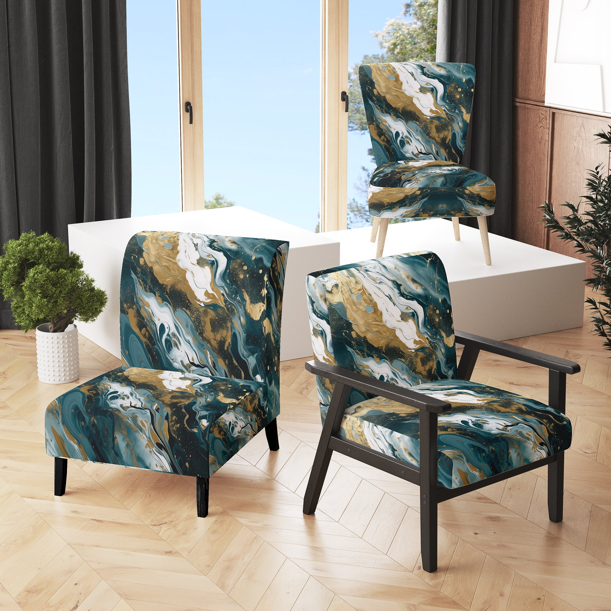 Designart "Serene Cascade Blue Gold Harmony" Blue Abstract Fluidity ...