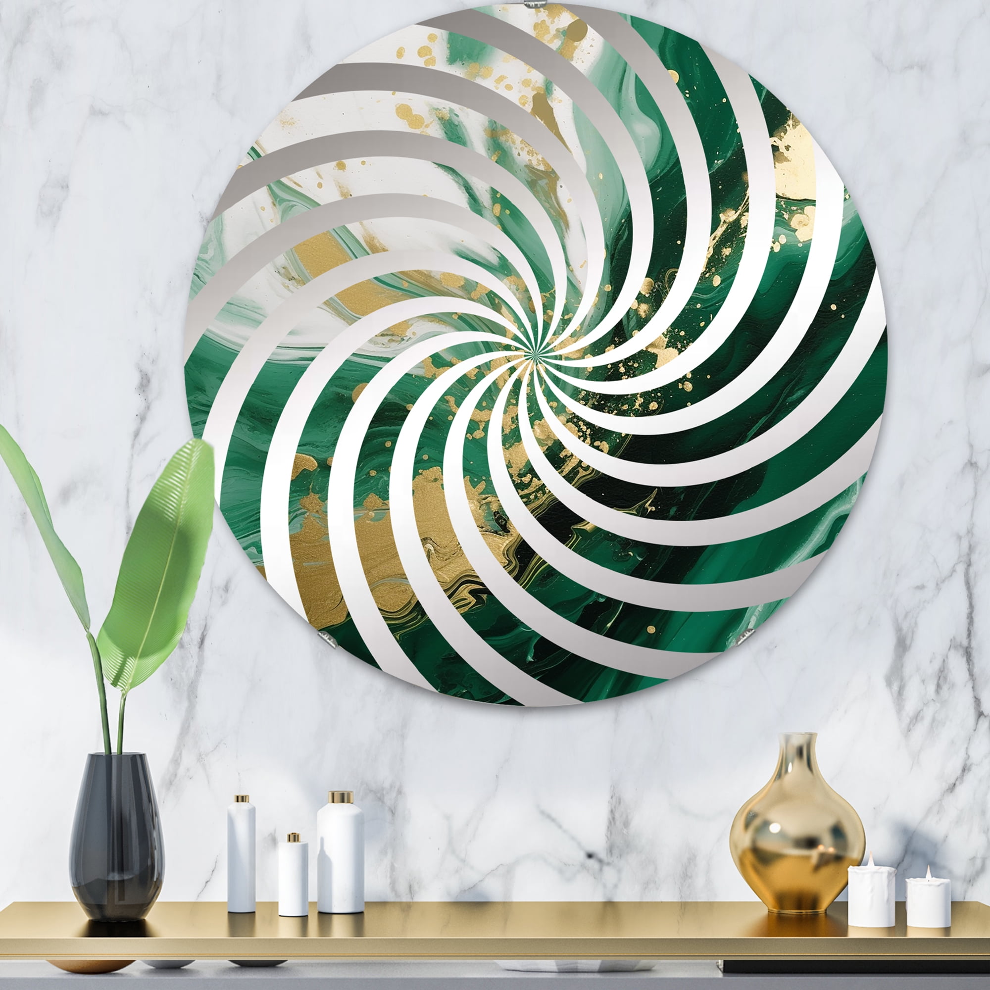 Designart "Serene Cascade in Green and Gold III" Abstract Vortex Round ...