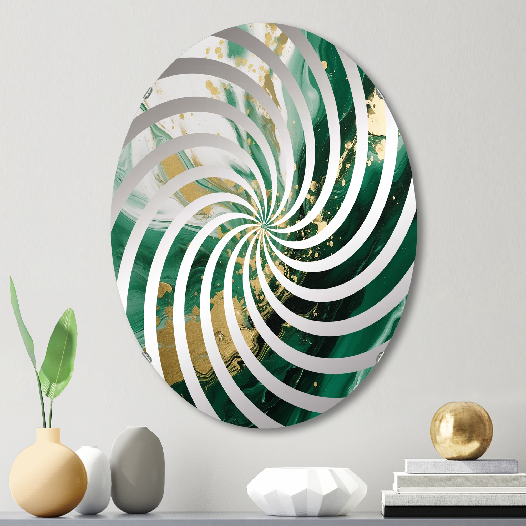 Designart "Serene Cascade in Green and Gold III" Abstract Vortex Round ...