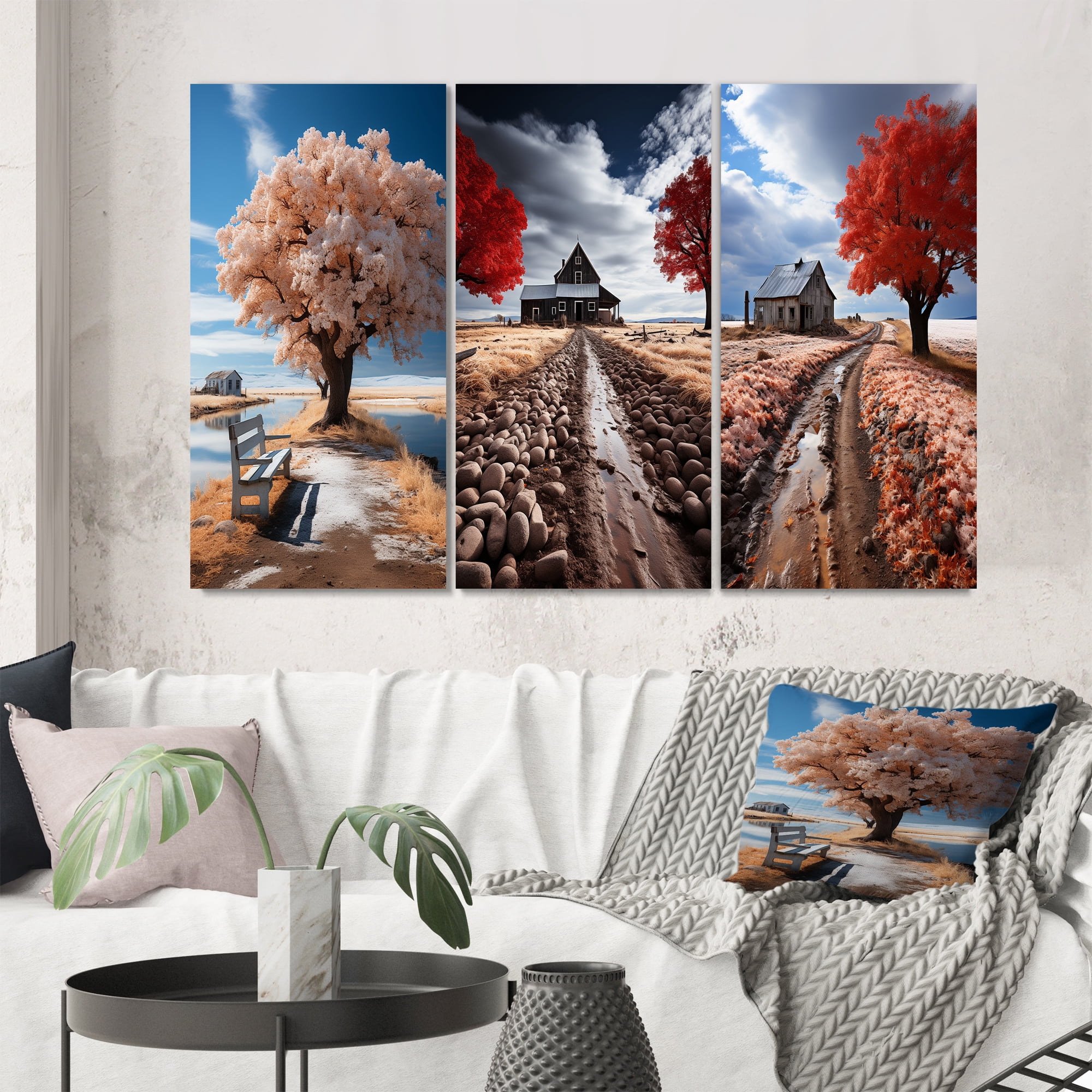 Designart "Serene Farm Life at the Farmhouse" Floral Wall Art Set Of 3 ...