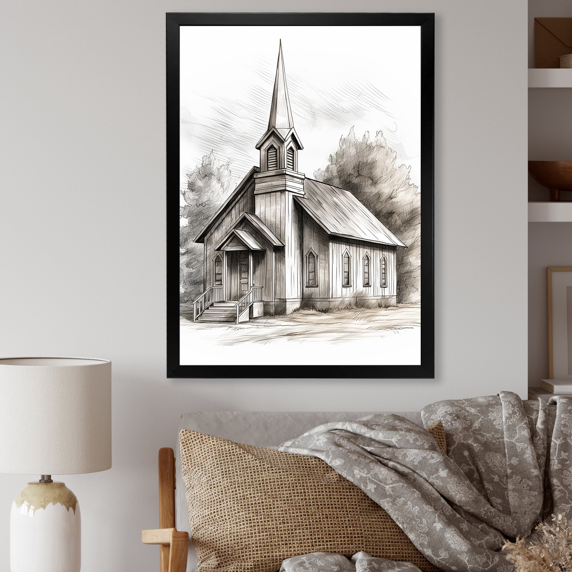 Designart "Serene Grey Church in Minimalist Style" Spiritual Framed ...