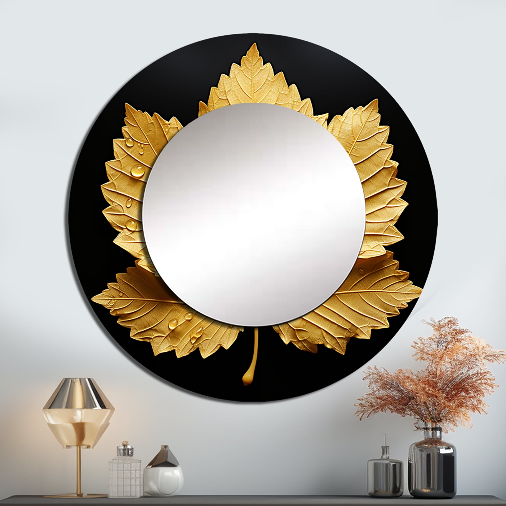 Designart "Serene Harmony In Honey-Colored Foliage" Leaves Round Mirror ...