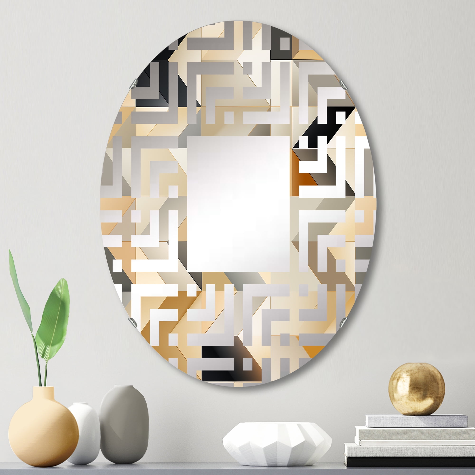 Designart "Serene Minimalist Polygons in Beige" Geometric Maze Round ...
