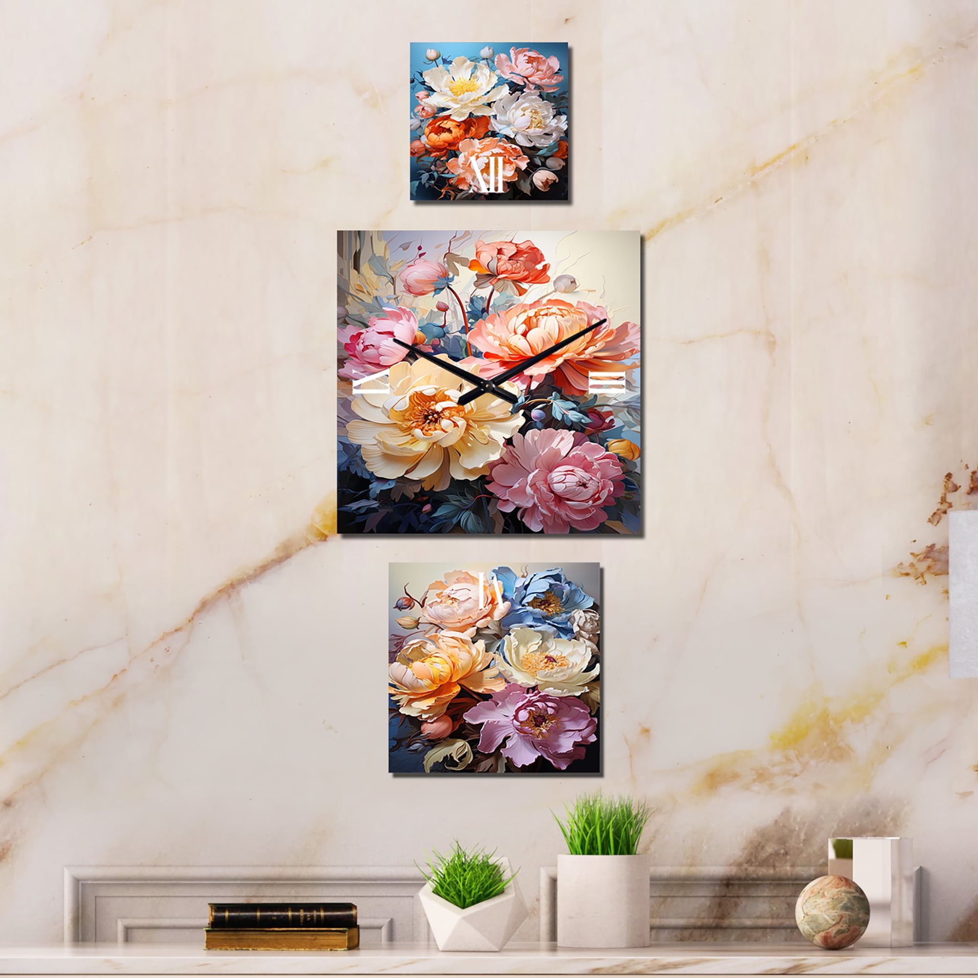 Designart "Serene Peony Blossoms" Peonies Oversized Traditional Clock ...