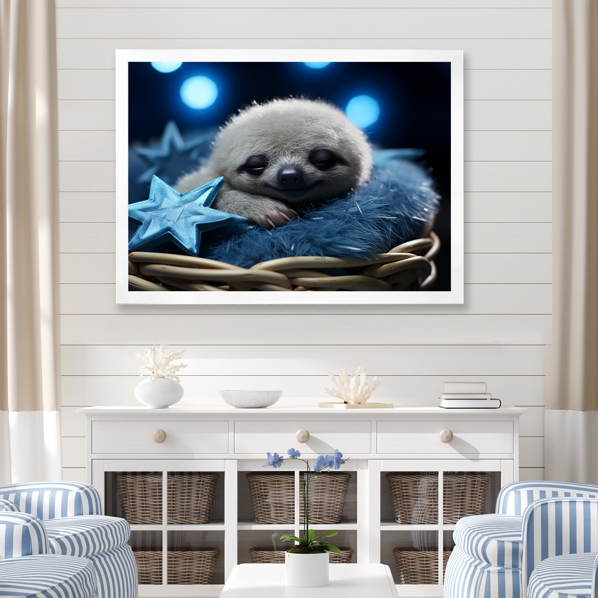 Designart "Serene Sleep White and Blue Sloth" Animals Framed Wall Art ...