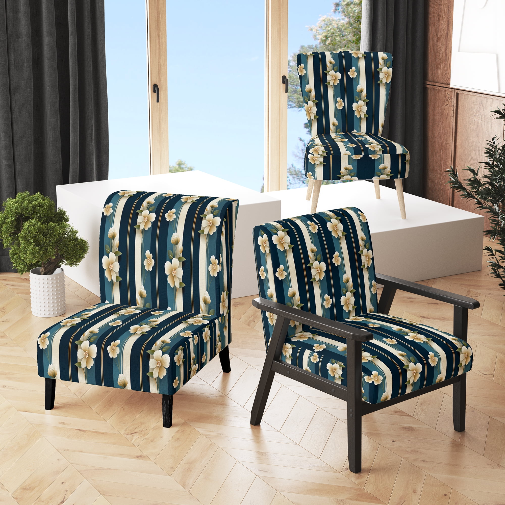 Designart "Serene Stripes With Classic Elegant Florals" Blue Striped ...